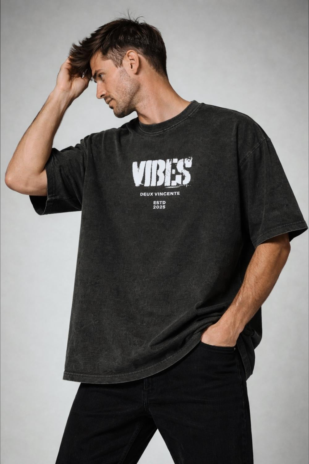 Buy Vibes Acidwash Black Premium Oversized T-Shirt | Deux Vincente